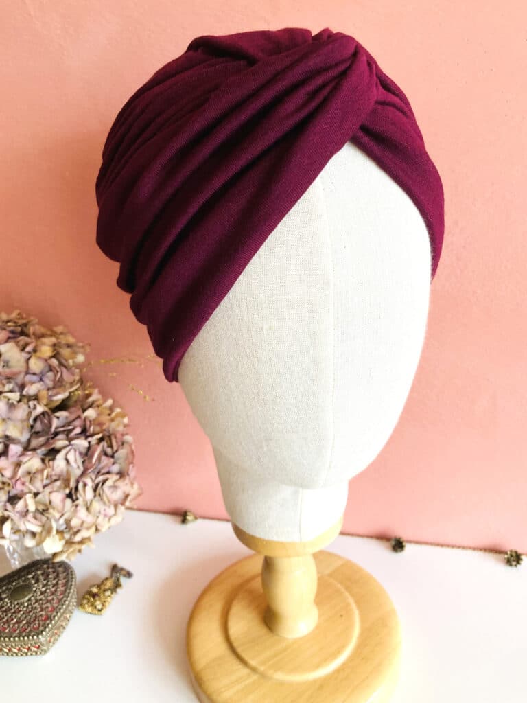 Bonnet turban prêt à enfiler pour chimio Rouge Bordeaux