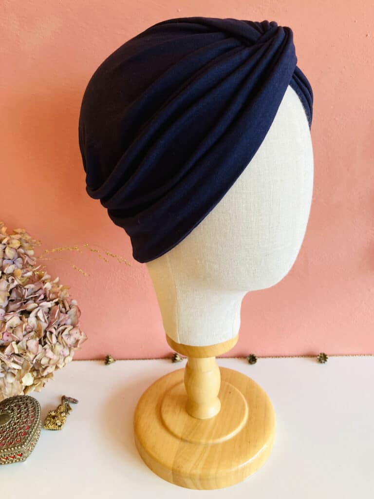 Bonnet turban prêt à enfiler pour chimio Bleu marine